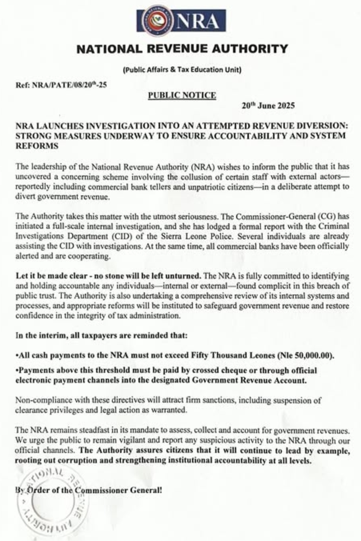 NRA LAUNCHES INVESTIGATION INTO AN ATTEMPTED REVENUE DIVERSION - The ...